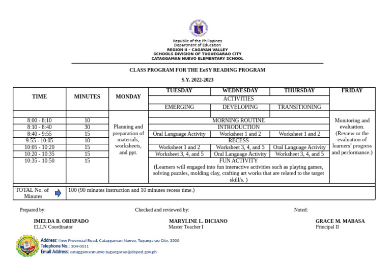 CLASS-PROGRAM-FOR-THE-EoSY-READING-PROGRAM | PDF | Teaching | Cognition