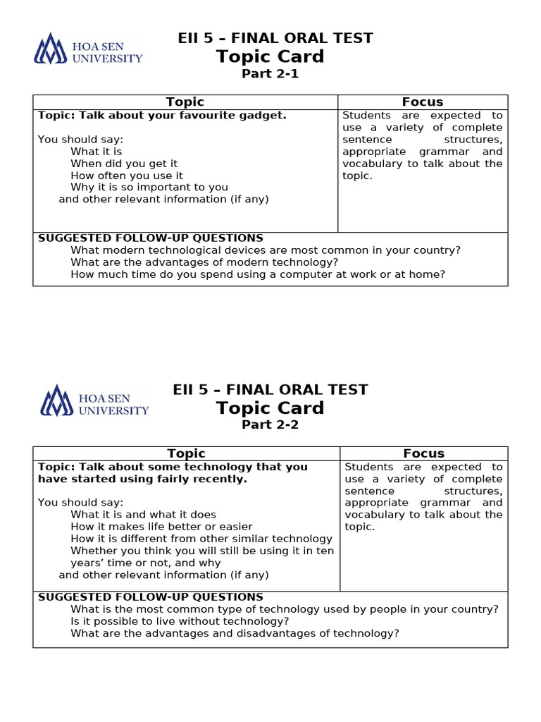 Final Topic Cards - EII5 (With Part 3) | PDF | Communication | Learning