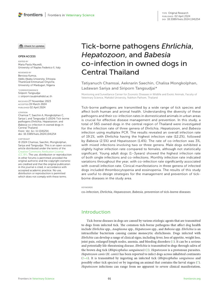 Tick-Borne Pathogens Ehrlichia, Hepatozoon, and Babesia Co-Infection in ...