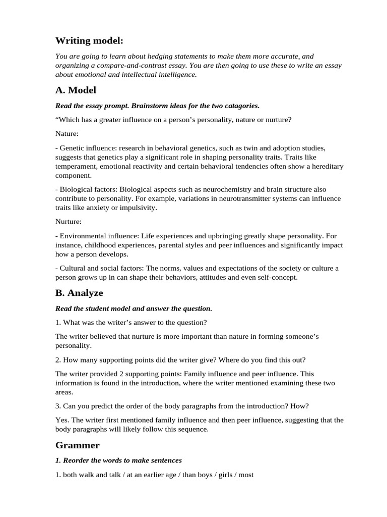 Writing Model Pdf Nature Versus Nurture Psychology