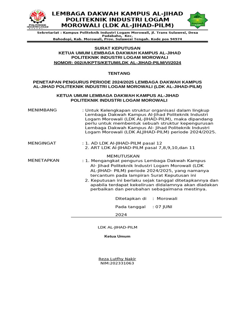 SK - Pengurus - LDK Al-Jihad - 2024 | PDF