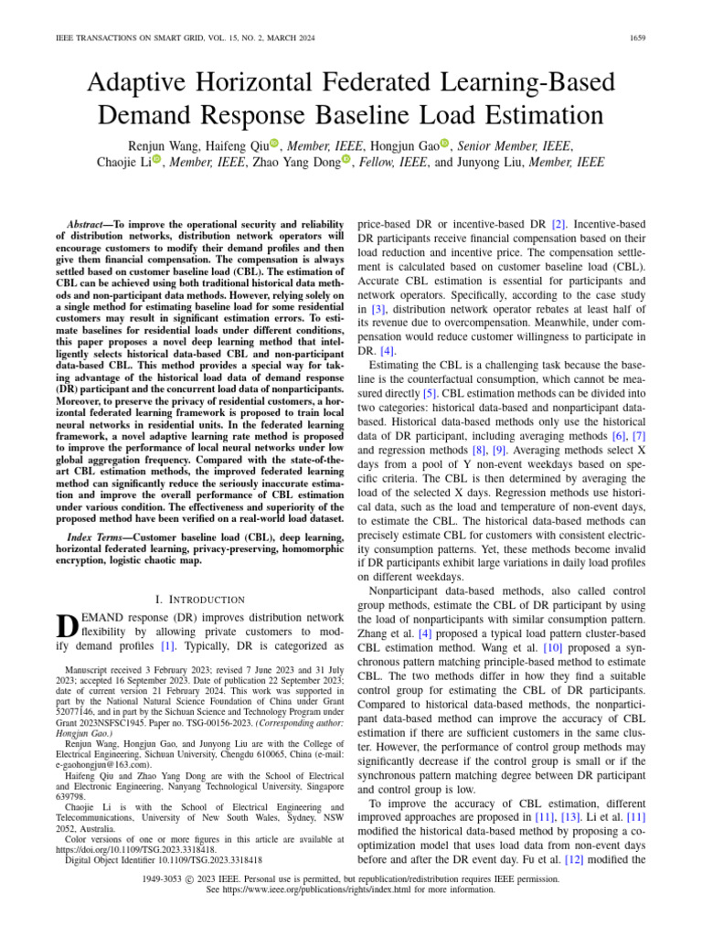 Adaptive Horizontal Federated Learning-Based Demand Response Baseline Load Estimation | PDF ...