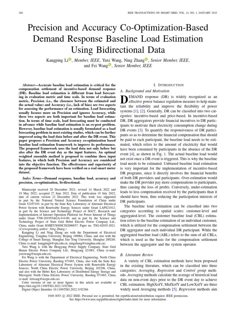 Precision and Accuracy Co-Optimization-Based Demand Response Baseline Load Estimation Using ...