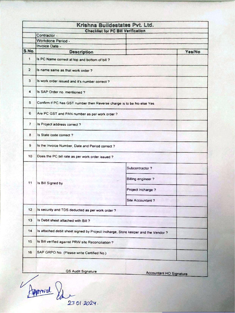 Checklist for PC Bill Verification | PDF