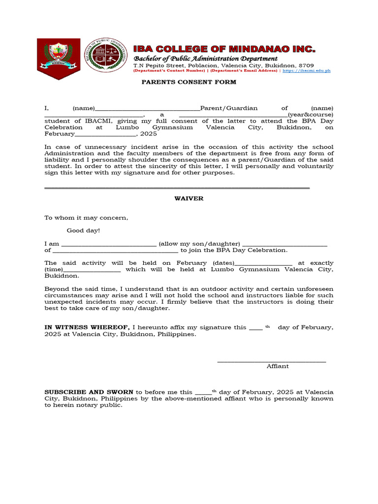 BPA Day Celebration Parent Consent Form | PDF | Civil Law (Legal System ...