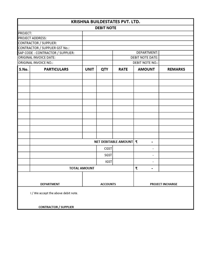 Contractor Supplier Debit Note Template | PDF