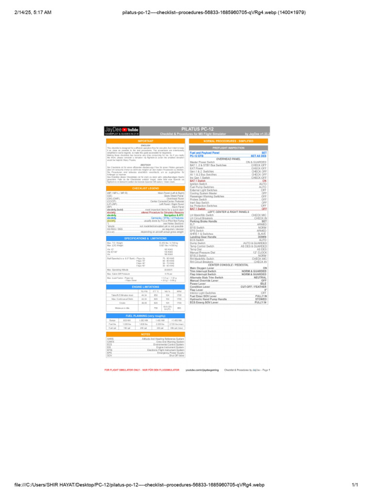 Pilatus Pc 12 Checklist Procedures 56833 1685960705 QVRg46 | PDF