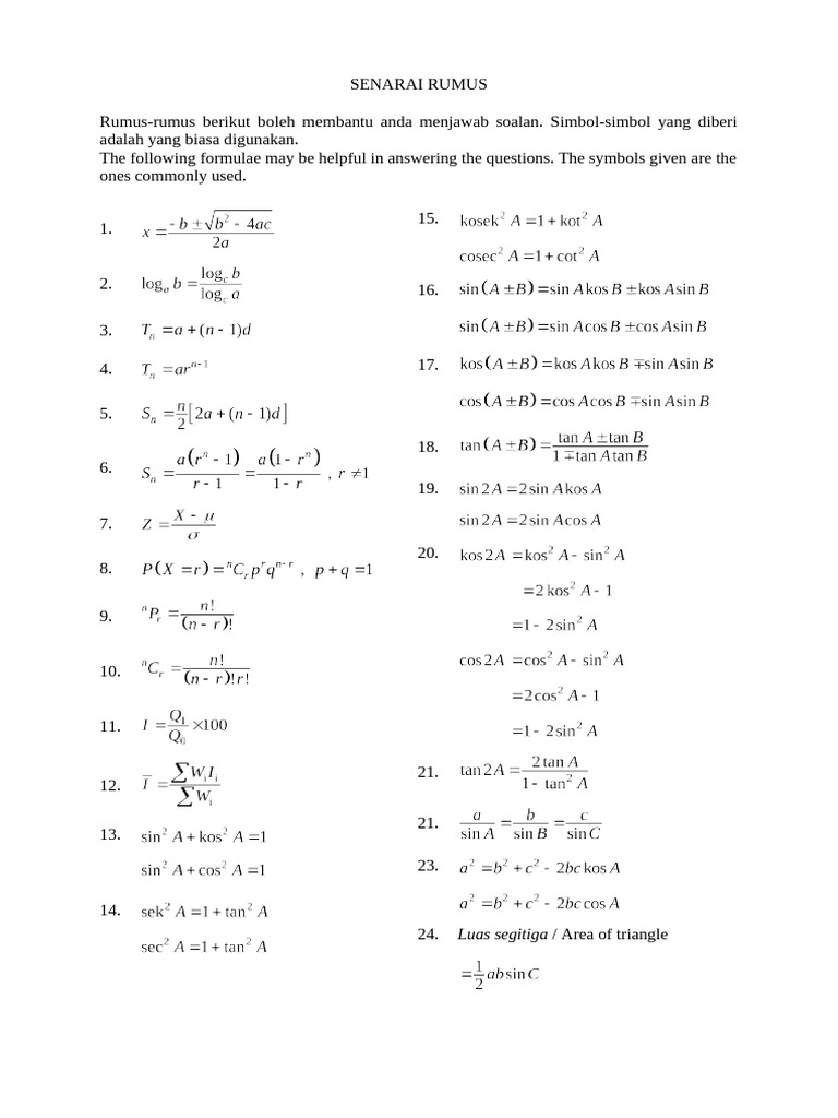 SENARAI RUMUS KSSM | PDF