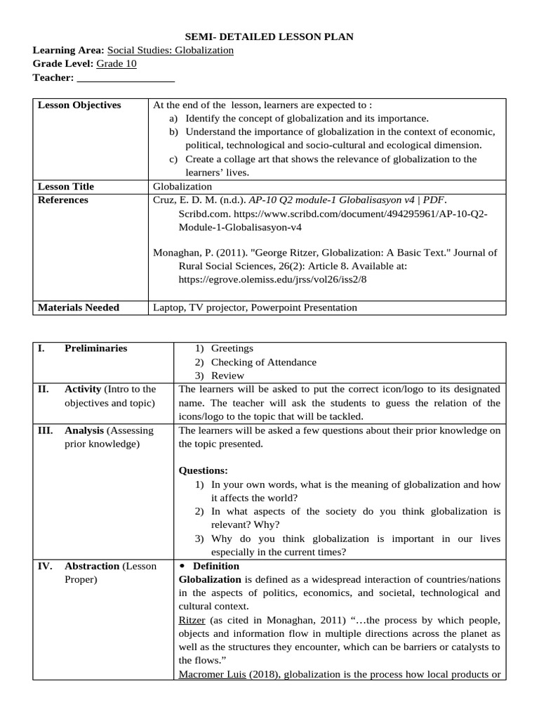 Lesson Plan Grade 10 Globalization | PDF | Globalization ...
