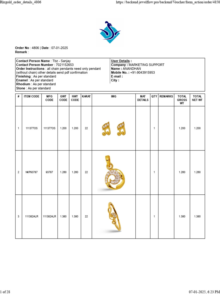 Jewelry Order Details | PDF
