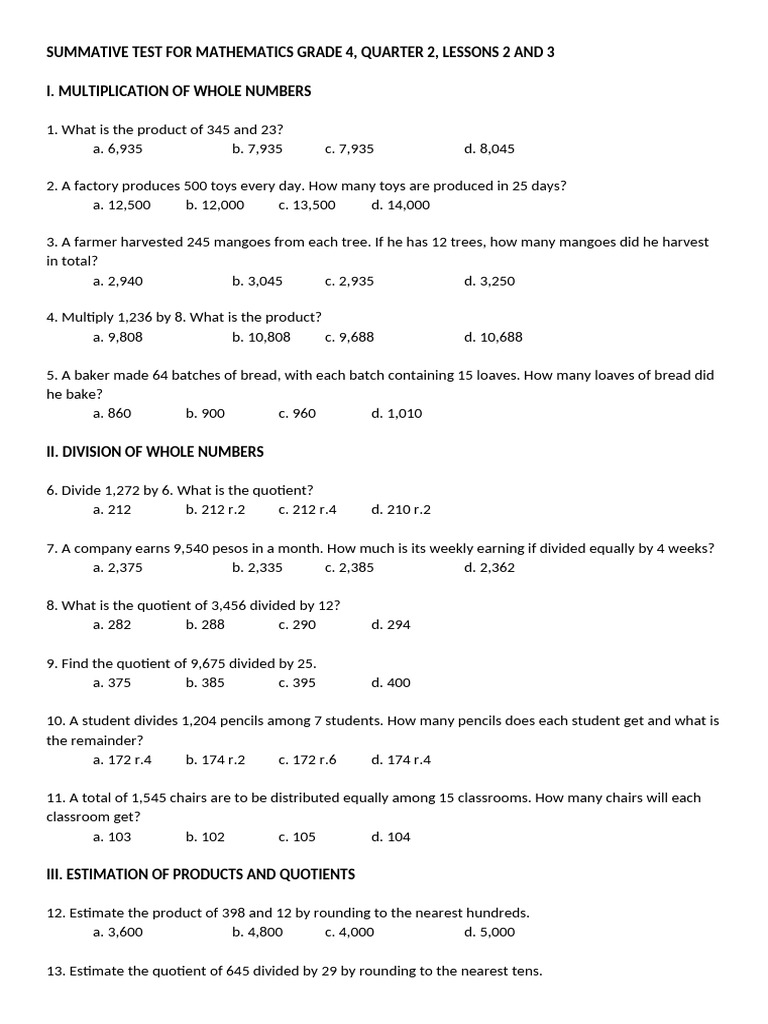 Summative Test For Mathematics Grade 4 Q2 W1&2 | PDF | Division ...