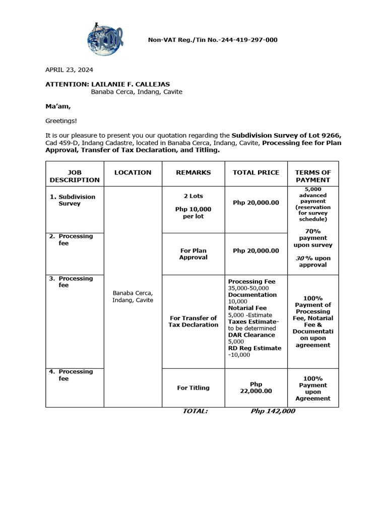 9266-quotation-RELO-subdivision Survey-Updated | PDF | Business