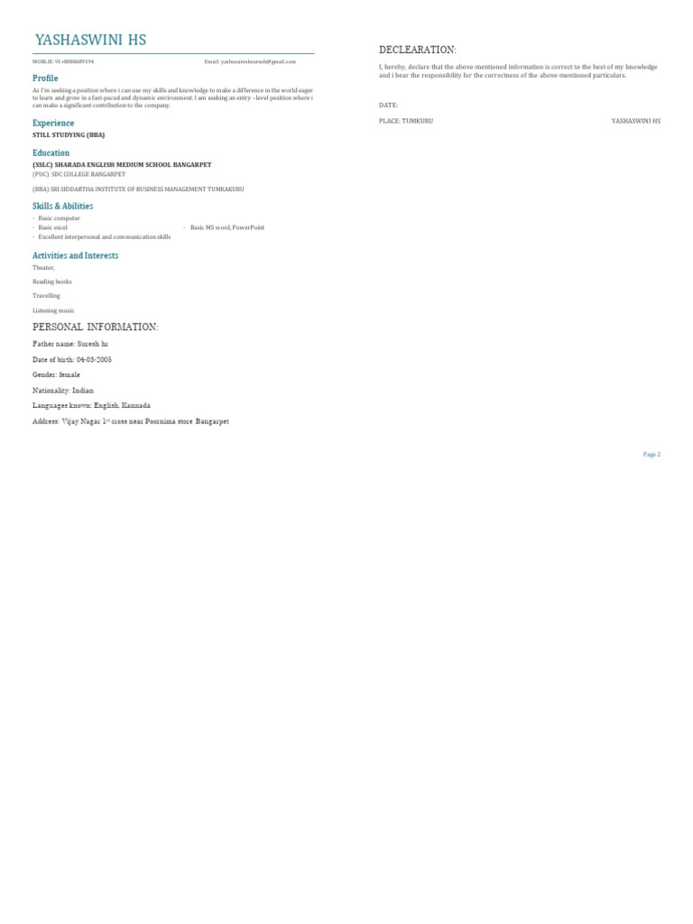Entry-Level Resume of Yashaswini HS | PDF