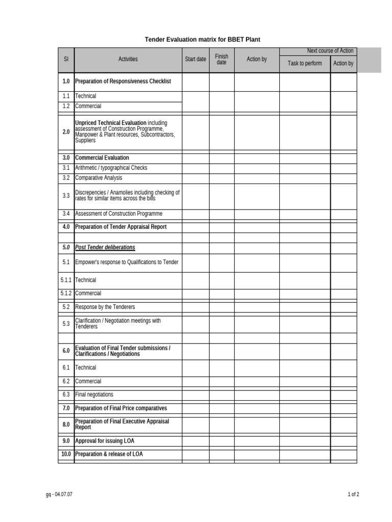 Tender Evaluation Matrix | PDF