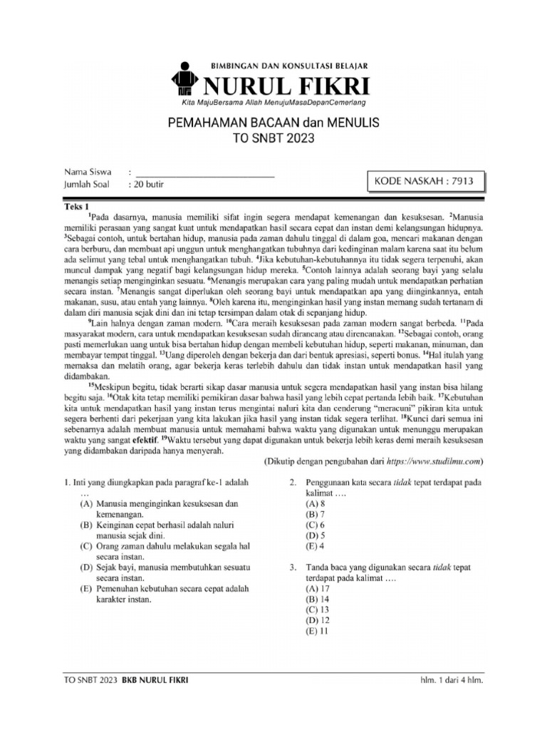TO - SNBT - 2023 - Pemahaman - Bacaan - Dan - Menulis - 7913 - EKS | PDF