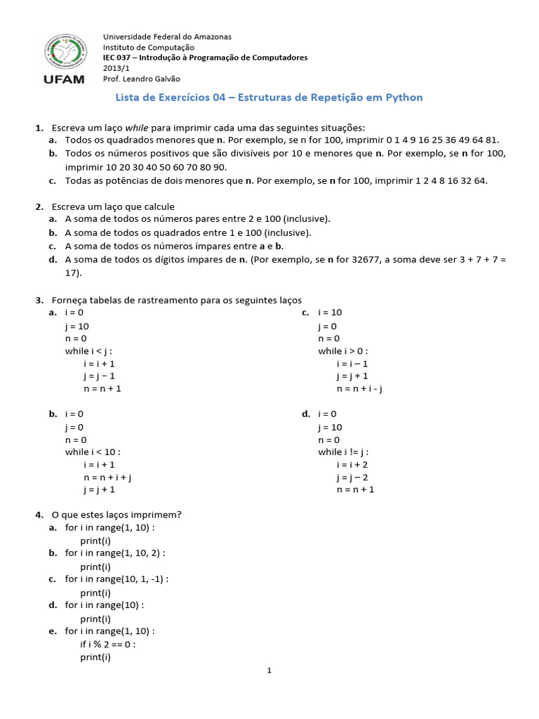 Lista de Exercicios - Estruturas Repeticao Python | PDF | Informática