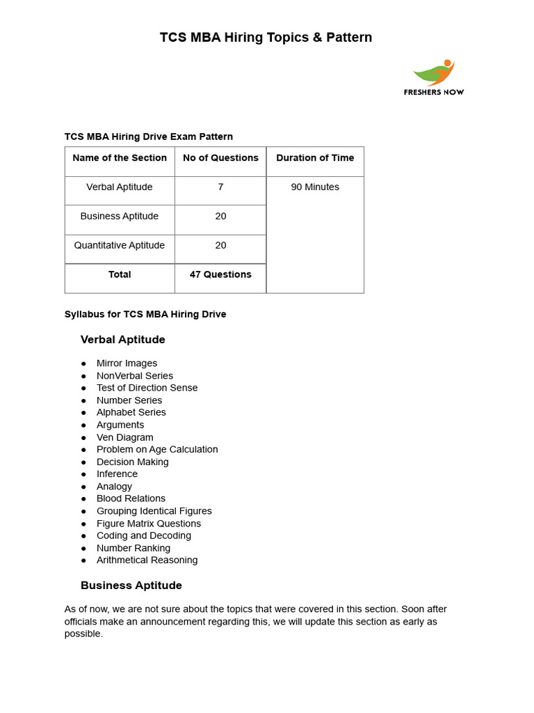 TCS MBA Hiring Topics Pattern 1 | PDF