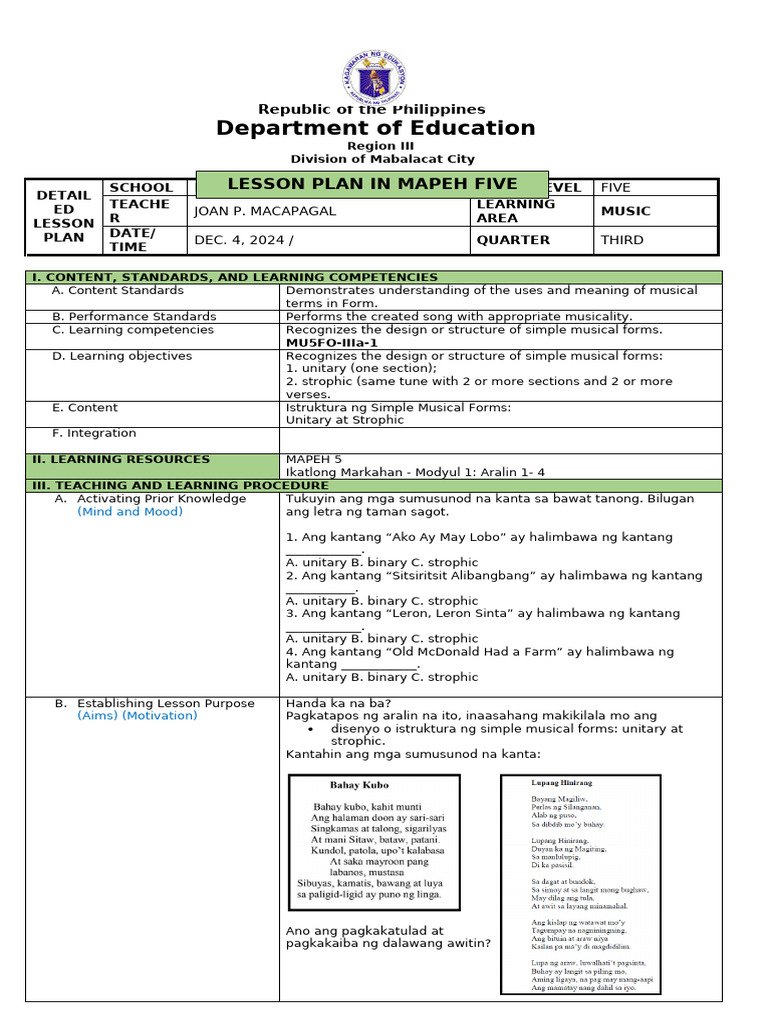 MAPEH - Q3 - DLP - WEEK 1 - DAY 1 To 3 - DEC 4 - 6, 2024 | PDF