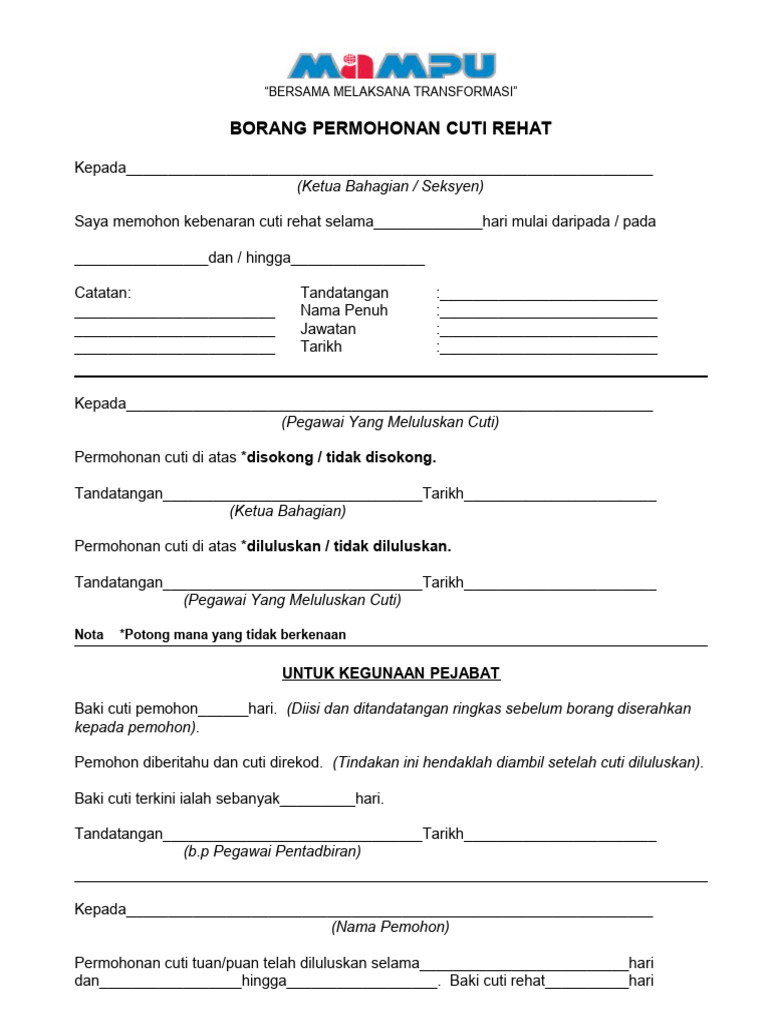 Borang Permohonan Cuti Rehat MAMPU | PDF