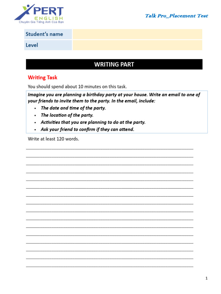 Talk Pro - Placement Test - Writing | PDF