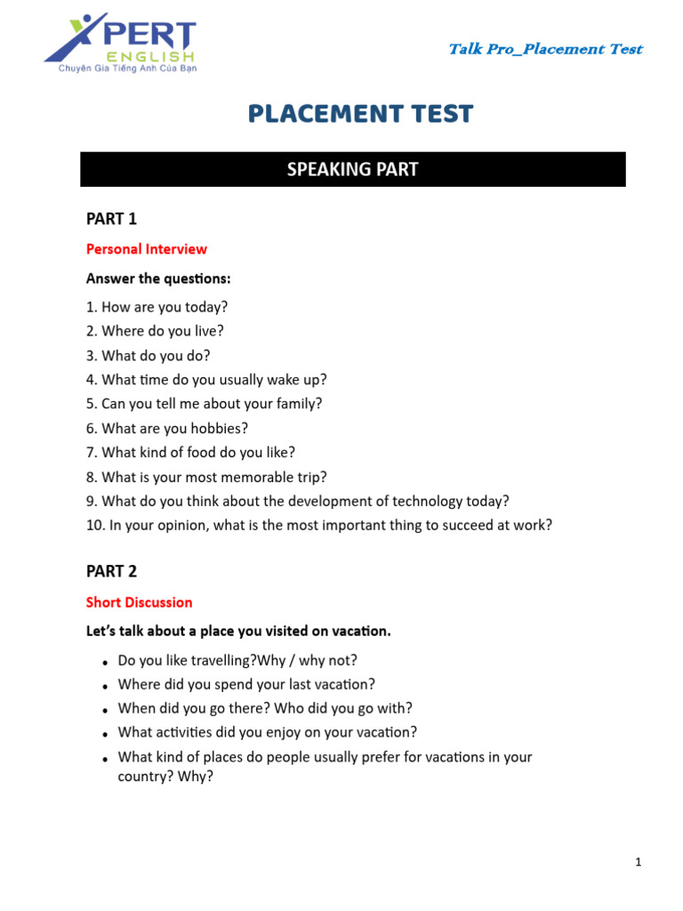 Talk Pro - Placement Test - Speaking | PDF