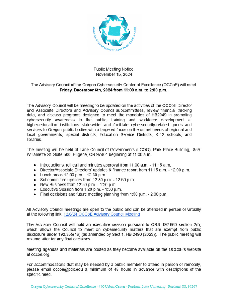 OCCoE Advisory Council Meeting Notice | PDF