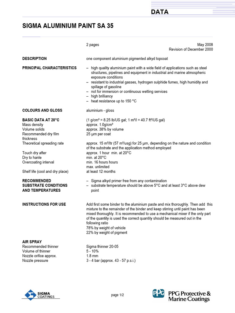 Sigma Aluminium Paint SA 35 Data Sheet | PDF | Paint | Materials