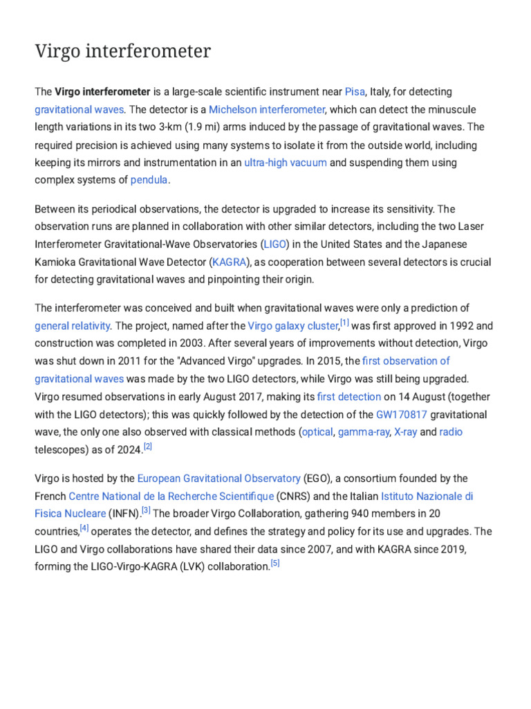 Virgo Interferometer - Wikipedia | PDF | Ligo | Gravitational Wave