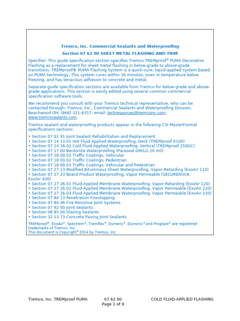 Tremco 076200-01 STAINLESS STEEL FLASHING | PDF | Wear | Coating