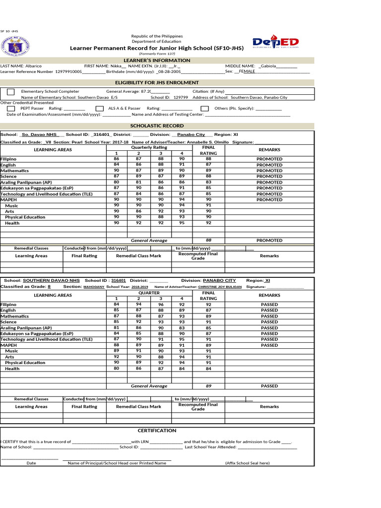form 137 | PDF | Schools | Educational Stages