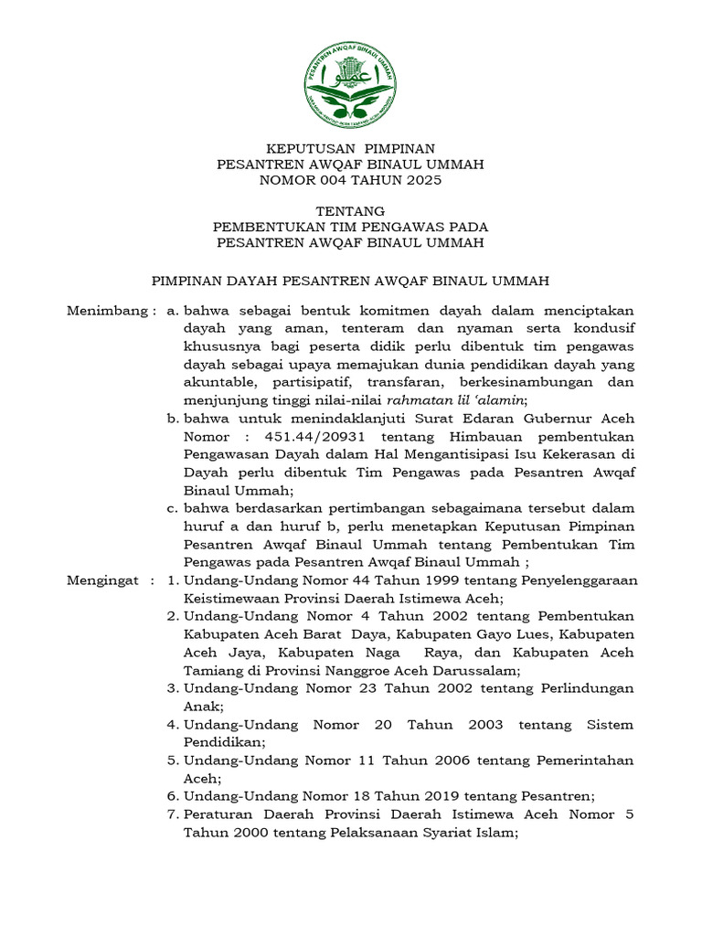 SK PENGAWAS DAYAH PESANTREN AWQAF BINAUL UMMAH | PDF