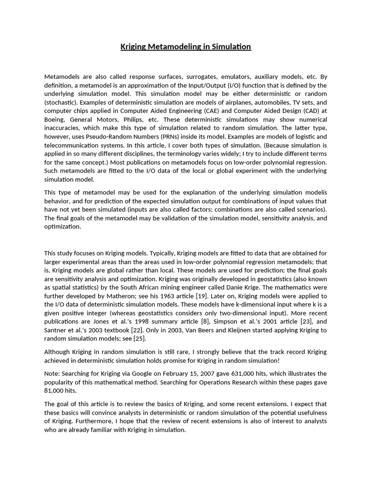 Kriging Metamodeling In Simulation Pdf Simulation Applied Mathematics