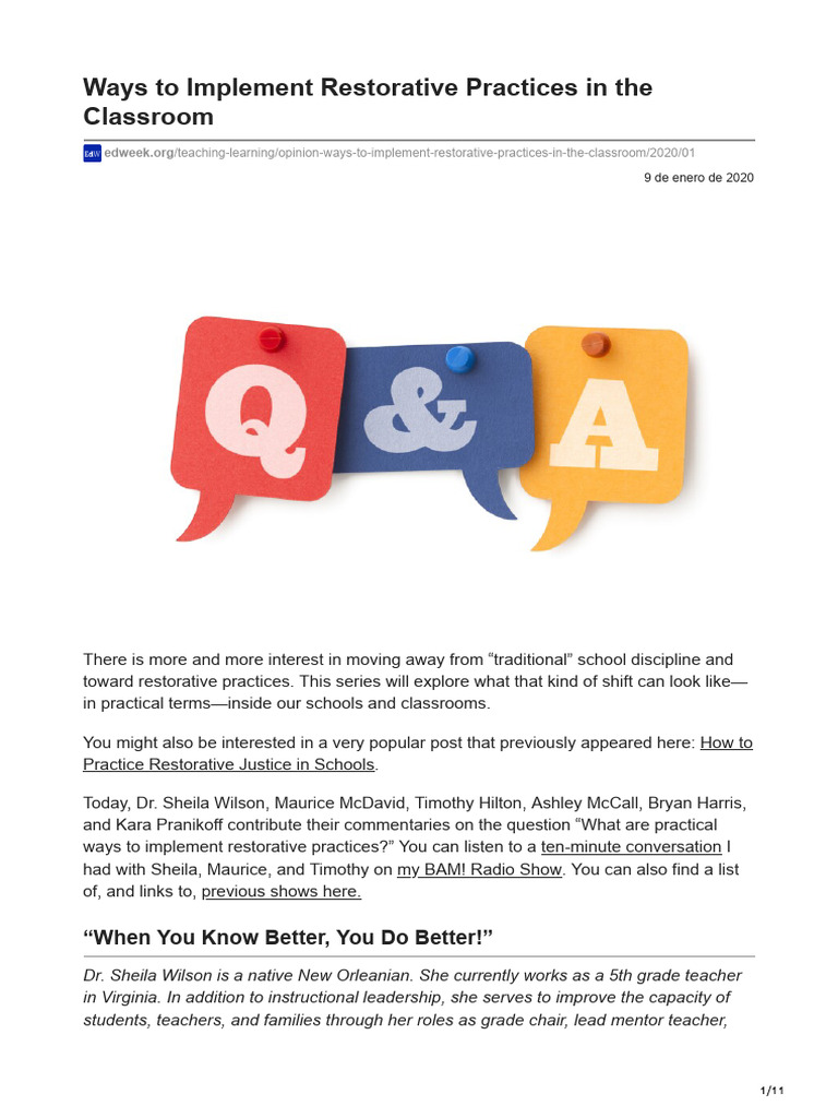 Ways To Implement Restorative Practices In The Classroom Pdf Teachers Disciplines