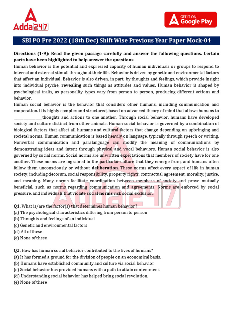 SBI PO Pre 2022 Mock Paper Analysis | PDF | Human Behavior | Psychology