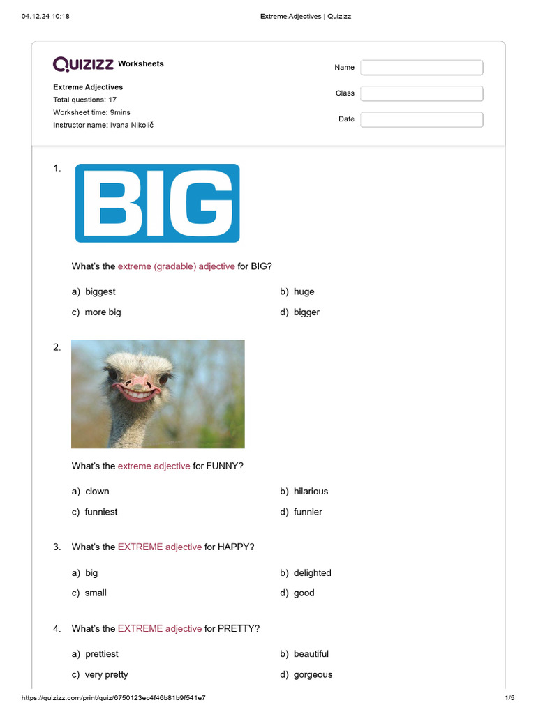 Extreme Adjectives Worksheet Quiz | PDF