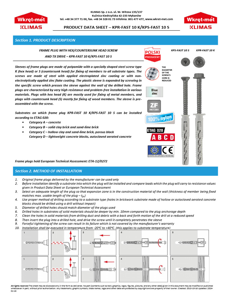 Product Data Sheet Kpr Fast 10 k Kps Fast 10 s | PDF | Screw | Brick