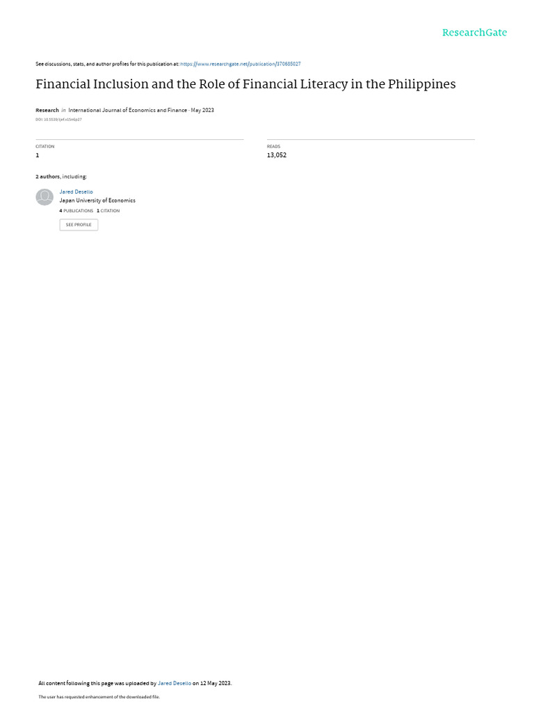 FIandFLinthePhilippines IJEF | PDF | Financial Inclusion | Financial Literacy