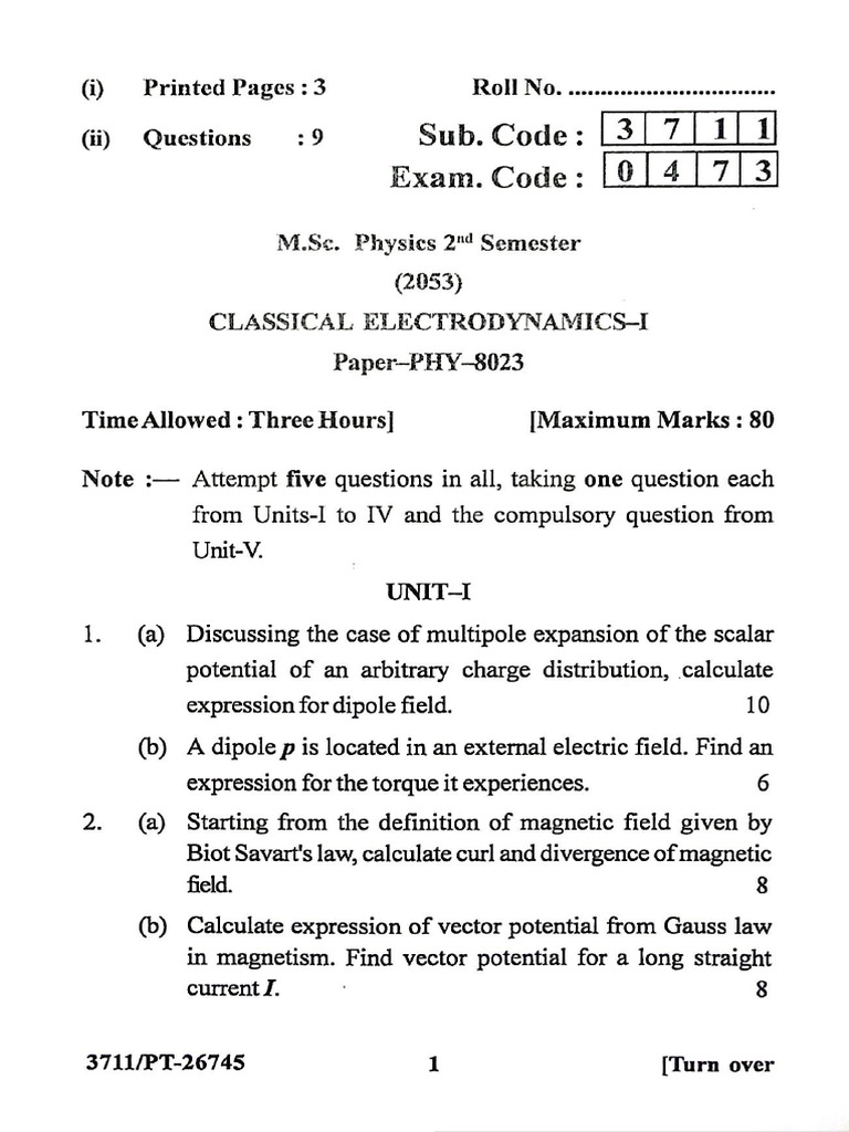MSc_Physics_2nd Sem_PHY-8023_Classical Electrodynamics I_May 2023 | PDF