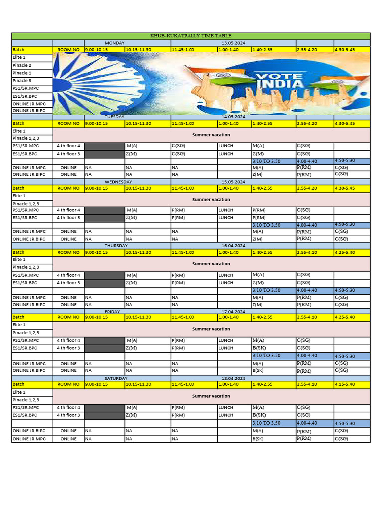 Time Table From 13.05.2024 To 19.05.2024 | PDF