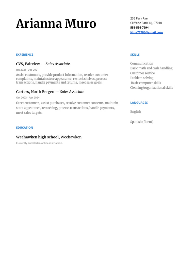 Sales Associate Resume for Arianna Muro | PDF
