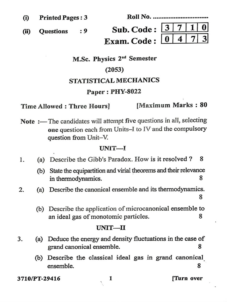 MSC - Physics - 2nd Sem - PHY-8022 - Statistical Mechanics - May 20233 | PDF
