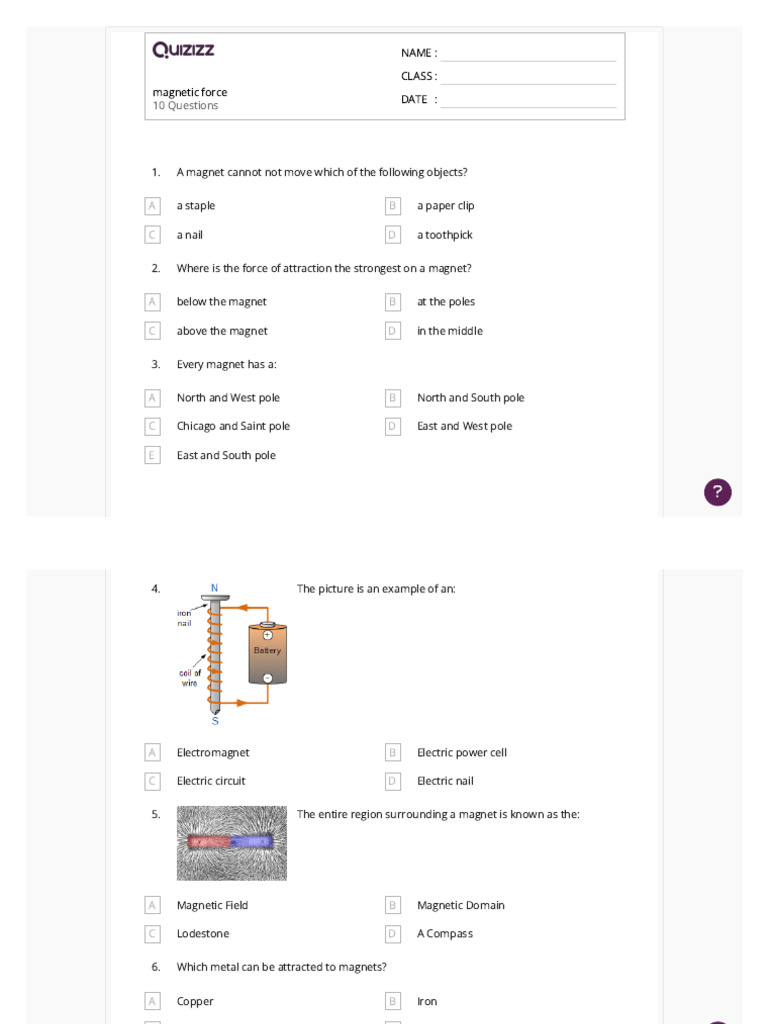 Magnetic Force Quiz Questions | PDF