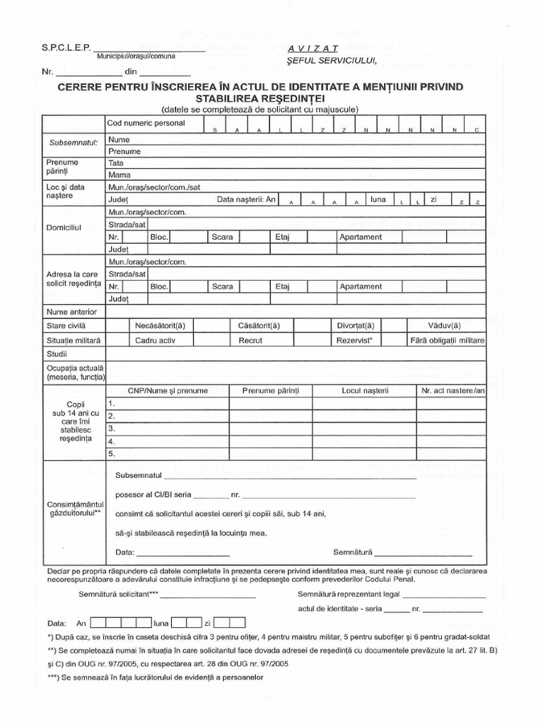 3.cerere Stabilirea Resedintei | PDF