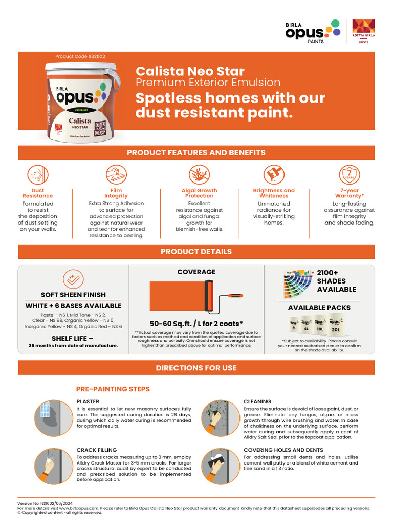 Calista Neo Star Information Sheet | PDF | Paint | Materials