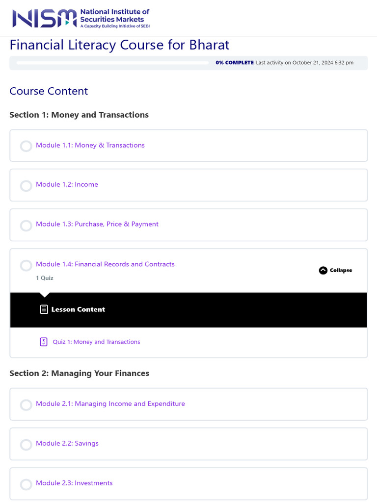 Financial Literacy Course For Bharat - NISM Elearning | PDF
