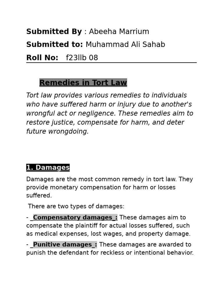 Tort Assignment (1) | PDF | Damages | Legal Remedy