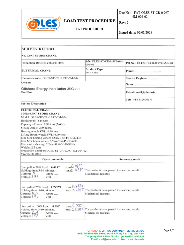 18.2 - LOAD TEST Store Crane 1T Survey Report | PDF