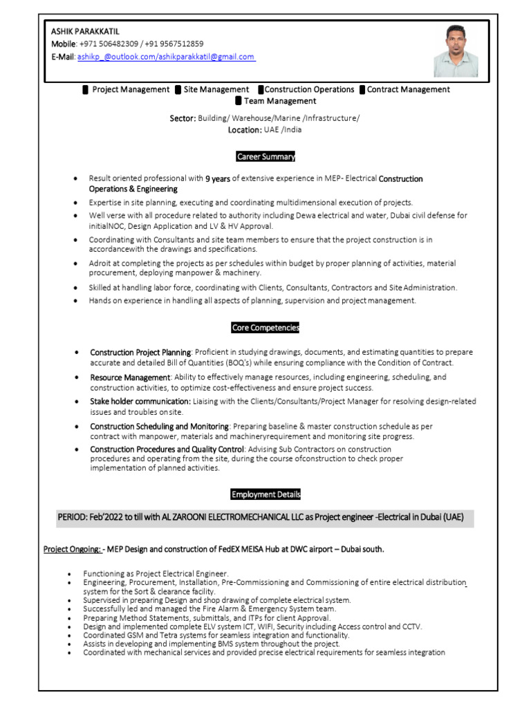 CV of MR Ashik Parakkatil. | PDF | Project Management