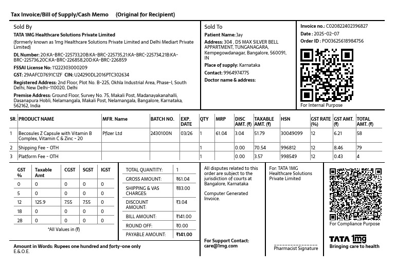 TATA 1MG Healthcare Invoice for Jay | PDF | Taxes | Payments