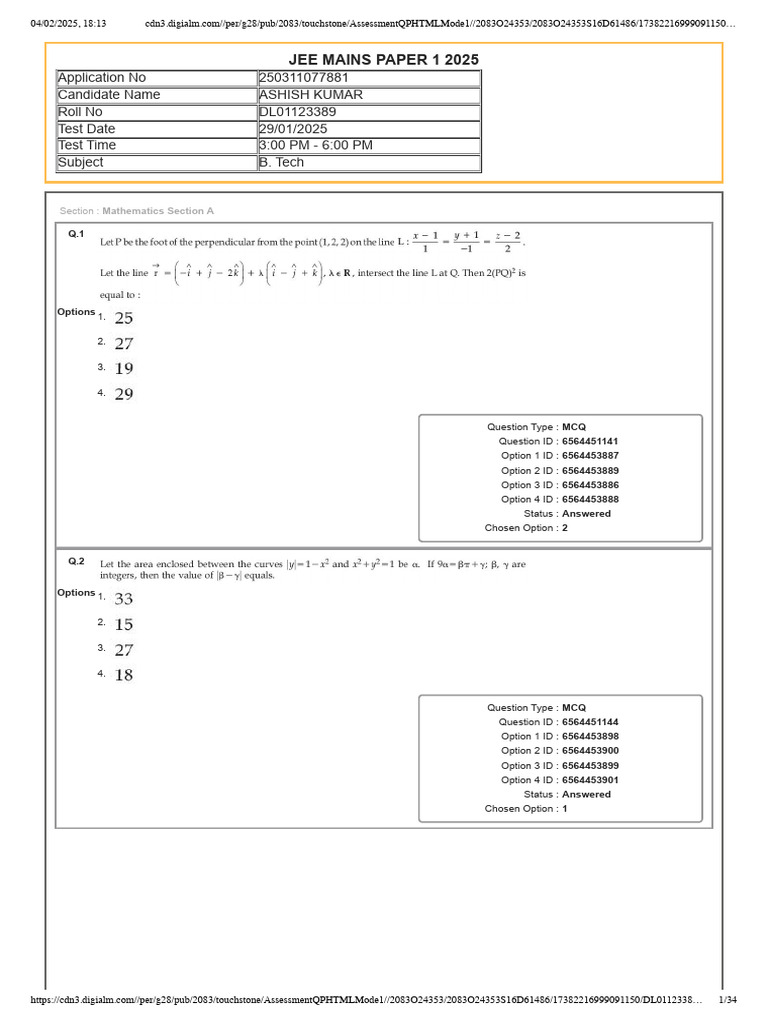 JEE Mains Paper 1 2025 MCQ Results | PDF | Multiple Choice ...